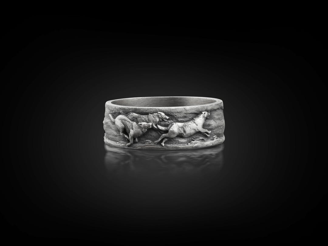 Wolf Family Silver Mens Nature Ring, Engraved Wolf Oxidized Promise ...