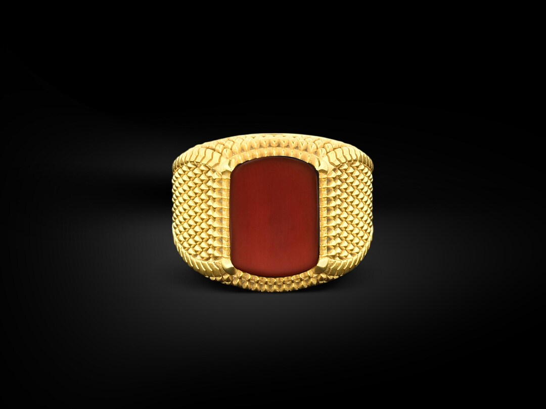 Carnelian Stone Dragon Scale 14k Solid Gold Men Ring, Cushion Cut Red Agate 10k Gold Ring ...