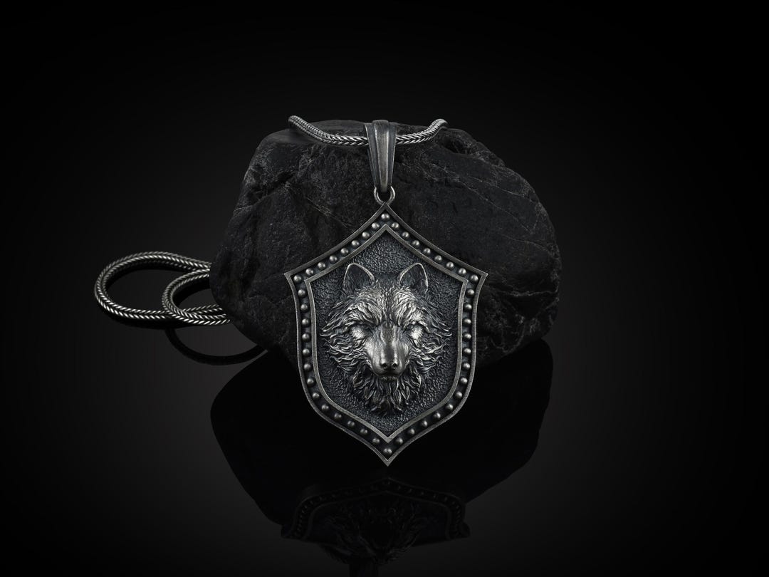 Mens Wolf Necklace, Silver Wolf Head Necklace, Mens Shield Necklace ...