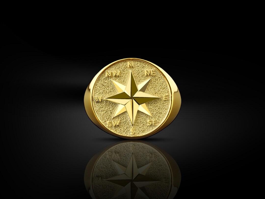 10k Solid Gold Compass Men Ring, Plain Gold Compass Signet Ring in 14k ...