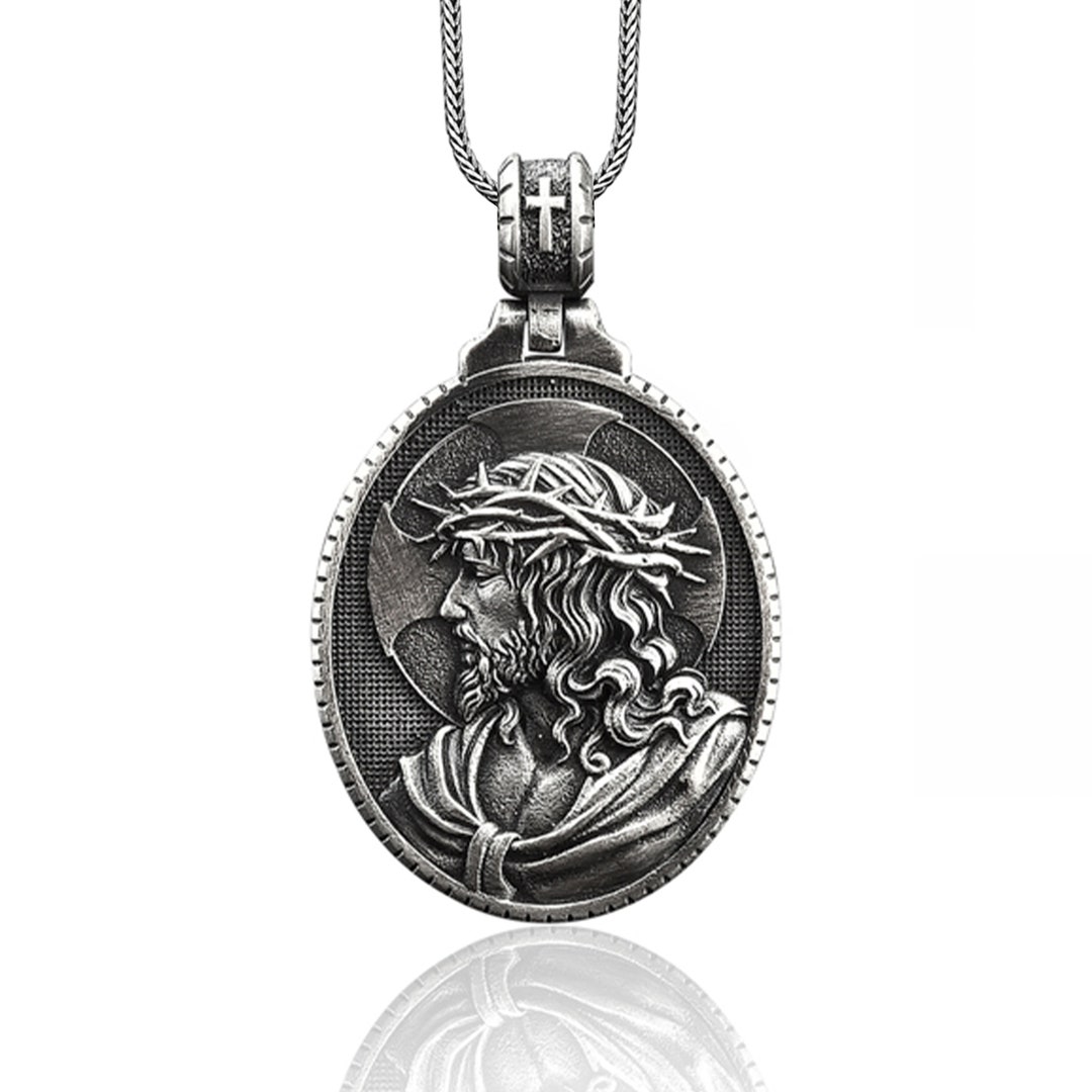 Protection Jesus Pendant Necklace for Men in Silver, Handmade Religous ...