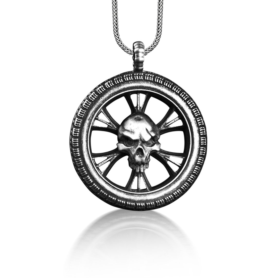 Skull in the Middle of Tire Necklace Gothic Motorcycle - Etsy