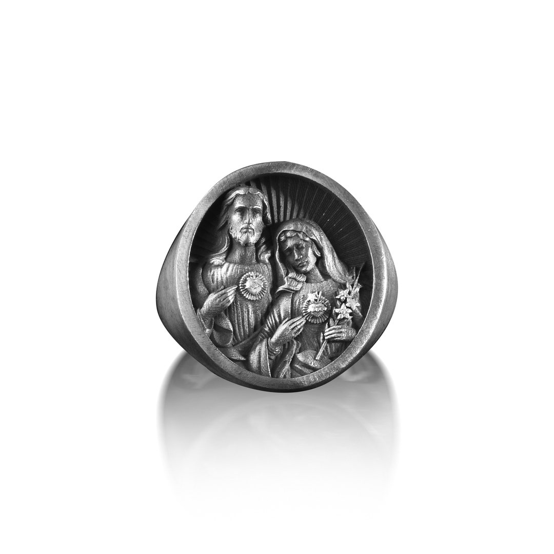 Virgin Mary and Jesus Silver Men Ring, Handmade 3D Catholic Ring, Holy ...