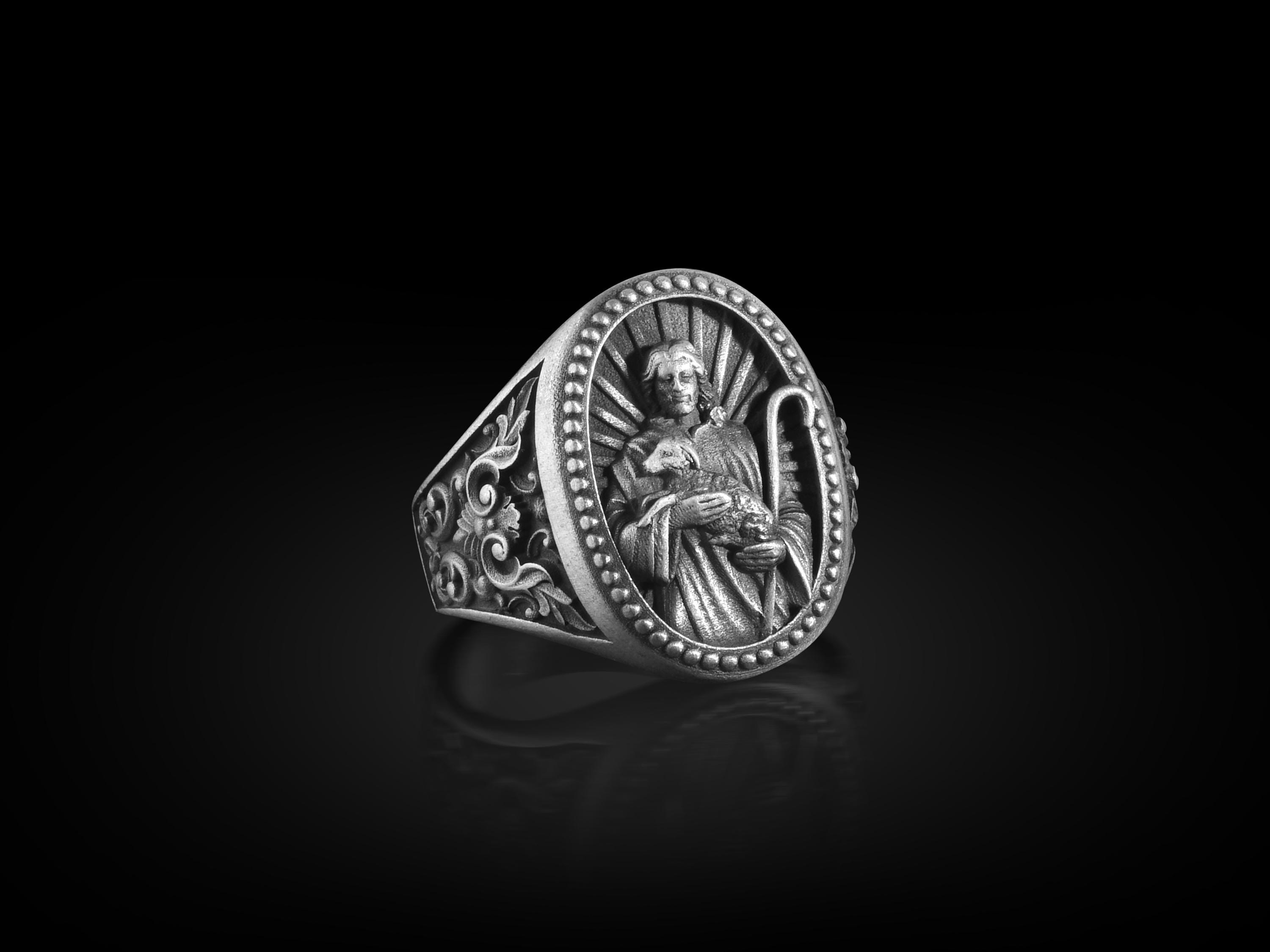 Jesus Christ Holding Lamb Men Ring, Shepherd Jesus With Lamb, Men ...