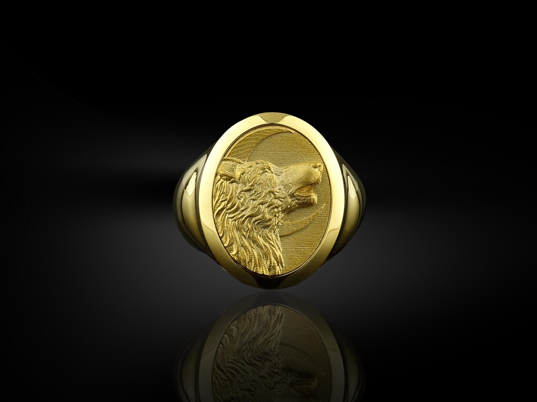 Howling Wolf Men Oval Signet Ring in 14k Gold, Nordic Wolf Head Signet ...