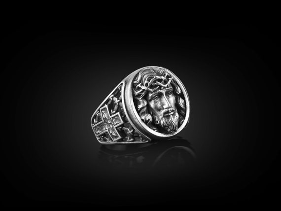 Jesus With Crown of Thorns Ring Jesus With Cross Engraved - Etsy