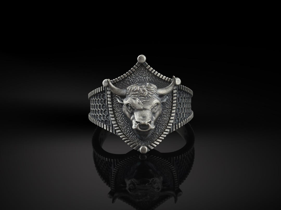 Bull Head Mens Ring, Silver Bull Ring, Silver Shield Mens Ring ...