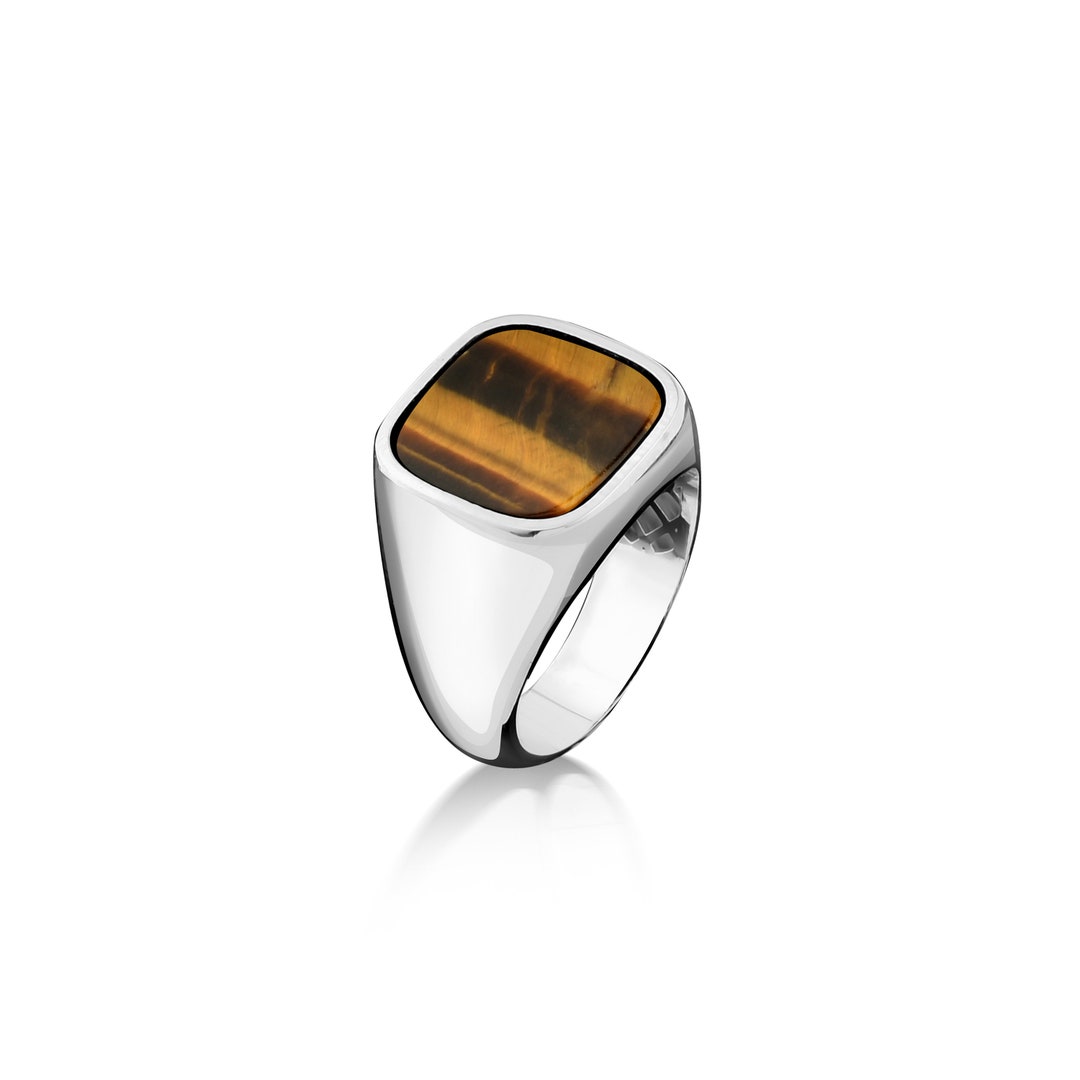 Plain Signet Ring With Tigers Eye for Men, Flat Cushion Cut Tigers Eye ...
