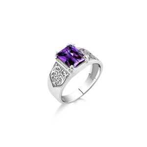 Amethyst Stone Statement Silver Men Ring With Fleur De Lis, Victorian Engraved Mens Purple ...
