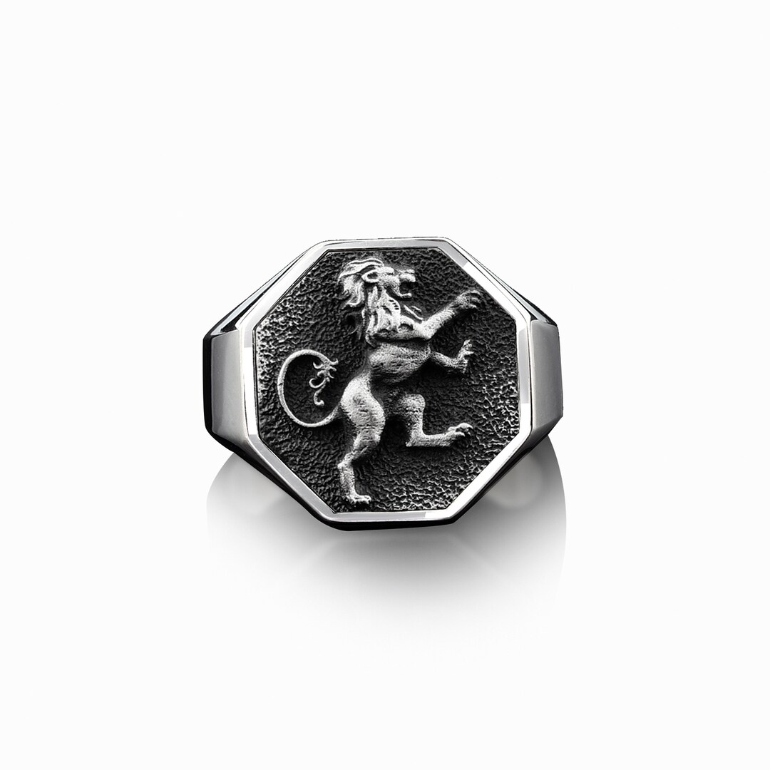 Sterling Silver Rampant Lion Signet Mens Ring, Handmade Lion Man Ring ...