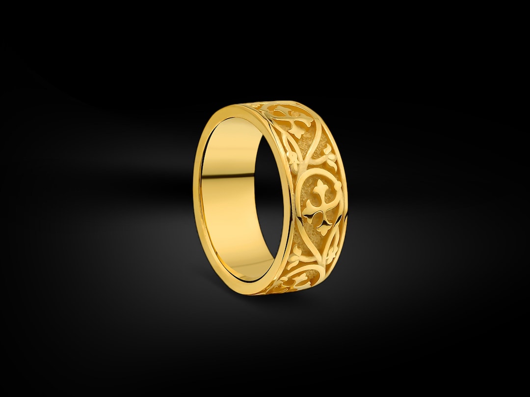 14k Solid Gold Clover Leaf Holy Trinity Mens Wedding Band, Handmade 18k ...