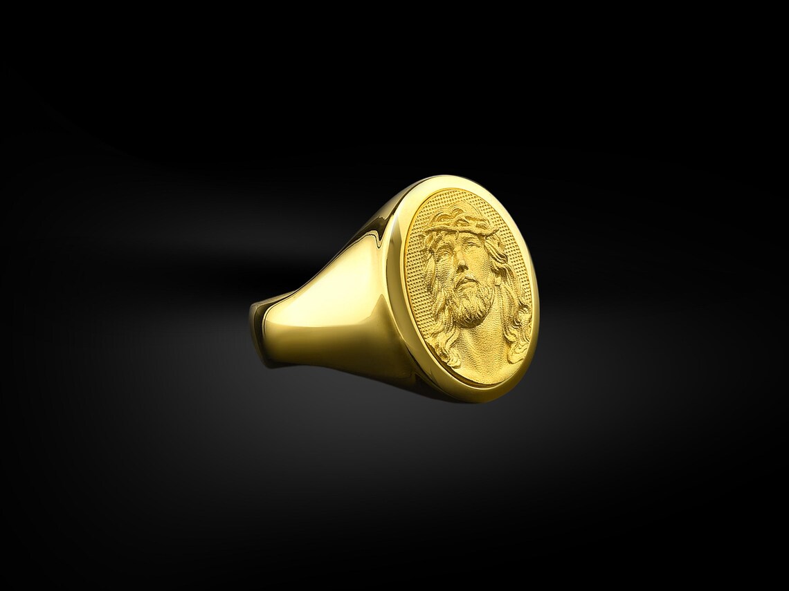 Crown of Thorns Jesus Christ Ring in 14k Gold, Jesus Head Mens Signet ...