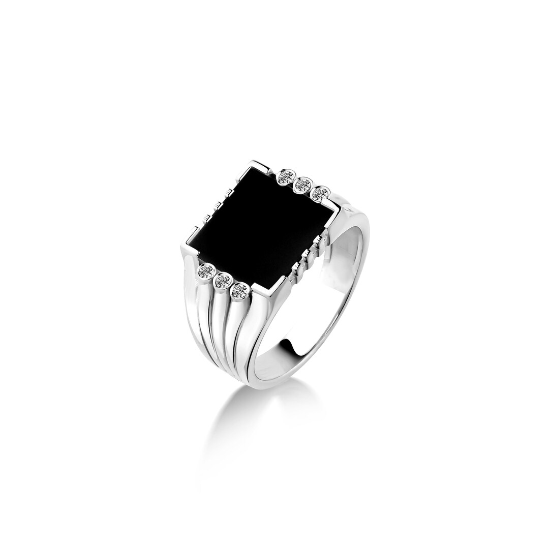 Rectangle Cut Black Onyx Ring With Zircon, Rectangular Onyx Ring for ...
