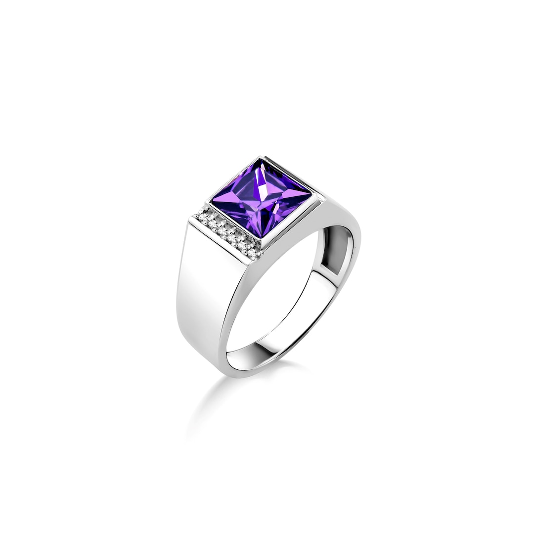 Square Cut Amethyst Plain Silver Ring for Men, Male Promise Ring With ...