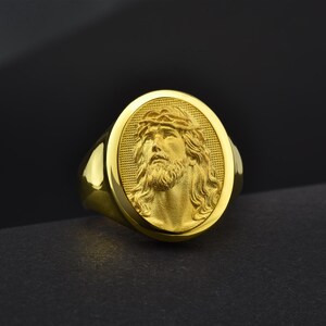 Crown of Thorns Jesus Christ Ring in 14k Gold, Jesus Head Mens Signet ...