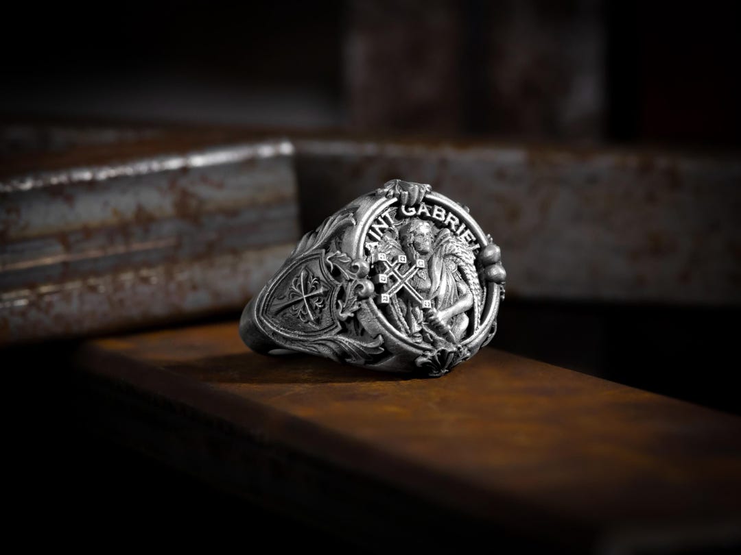 Saint Michael Gabriel Silver Men Rings, St Gabriel Shield Sword Man ...