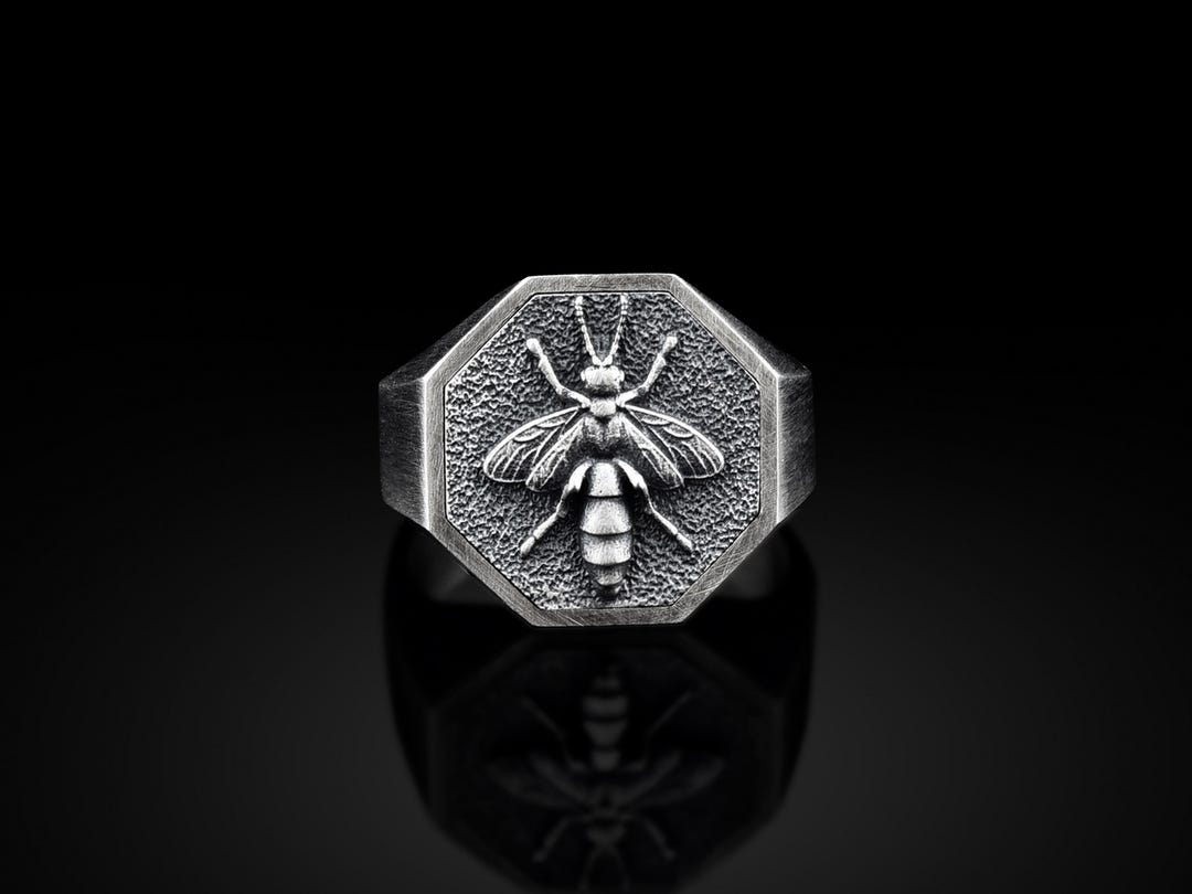 Boho 925 Silver Bee Men Ring, Wild Bee Signet Men's Ring, Handmade ...