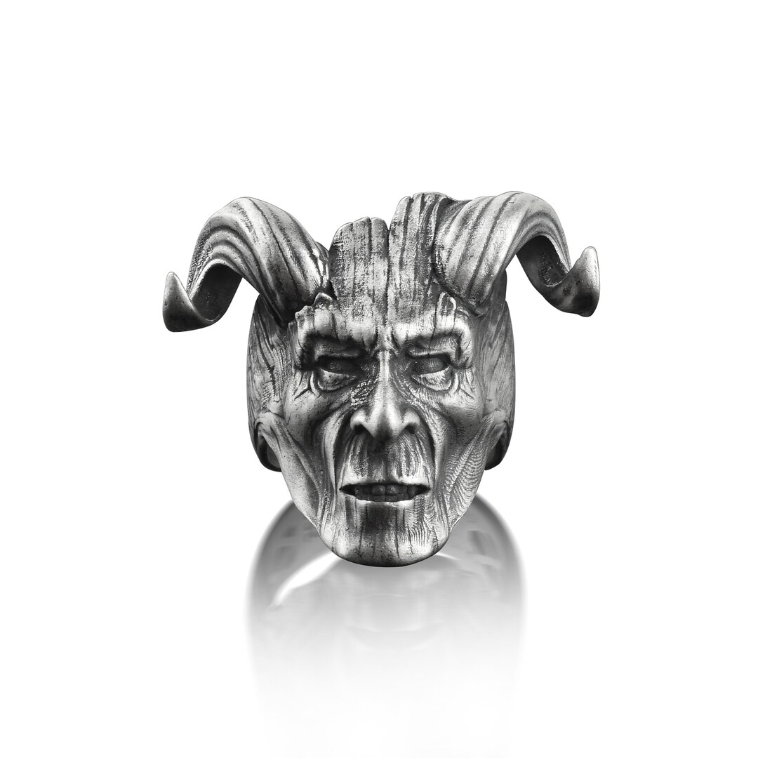 Demon Tree Bark Biker Ring for Men in Silver, Handmade Devil Men Ring ...