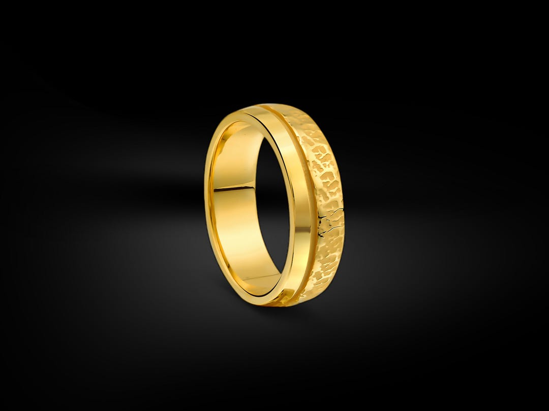 Gold Men Band Ring, Half Hammered Solid Gold Mens Ring, Double Design ...