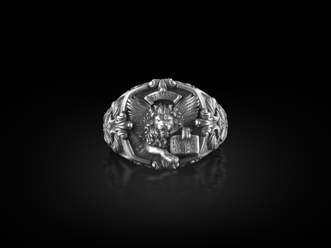 Saint Mark Lion Men Signet Ring, Evangelist Lion Cross Pattern Ring ...