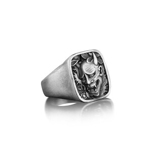 Oni Japanese Art Mens Ring in Silver, Demon Engraved Signet Ring for ...