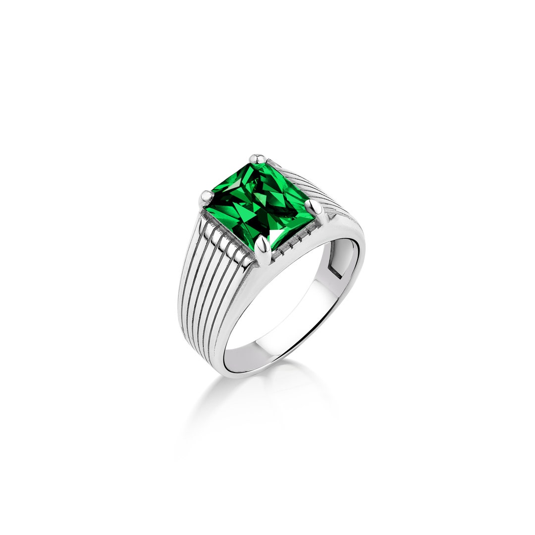 Green Emerald Stone Ring for Men in Sterling Silver, Green Gemstone ...