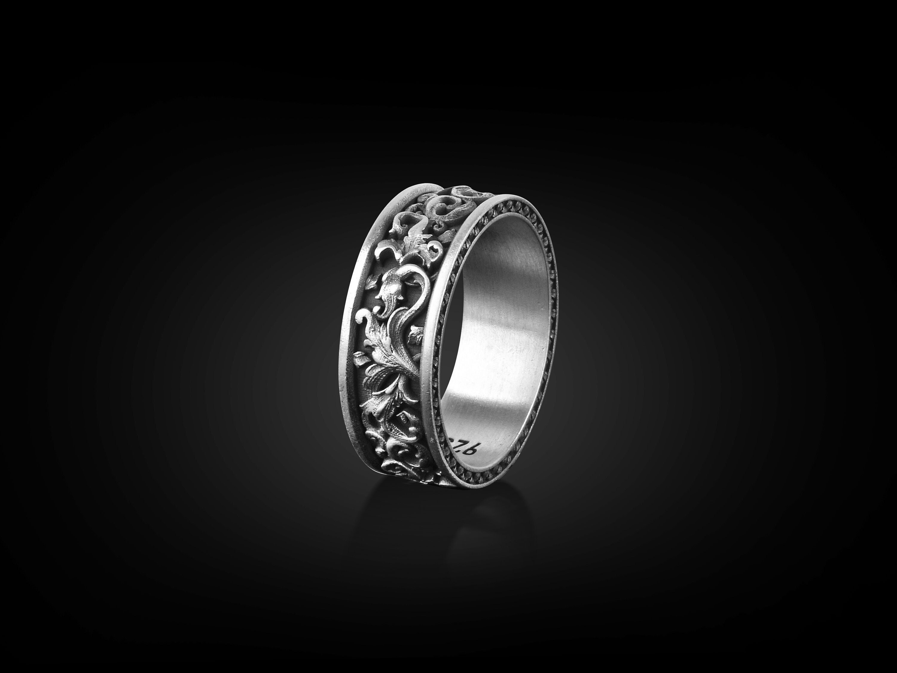 Carved Leaf Motif Promise Ring for Him Oxidized Rococo - Etsy