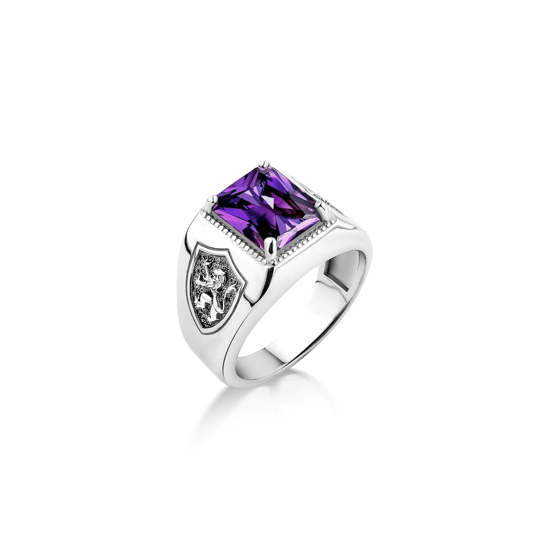 Large Square Cut Amethyst Ring With Engraved Rampant Lion, Sterling ...