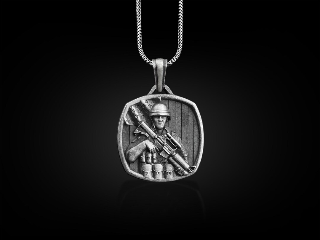 Silver Soldier Men Necklace, Military Charm With American Flag and ...