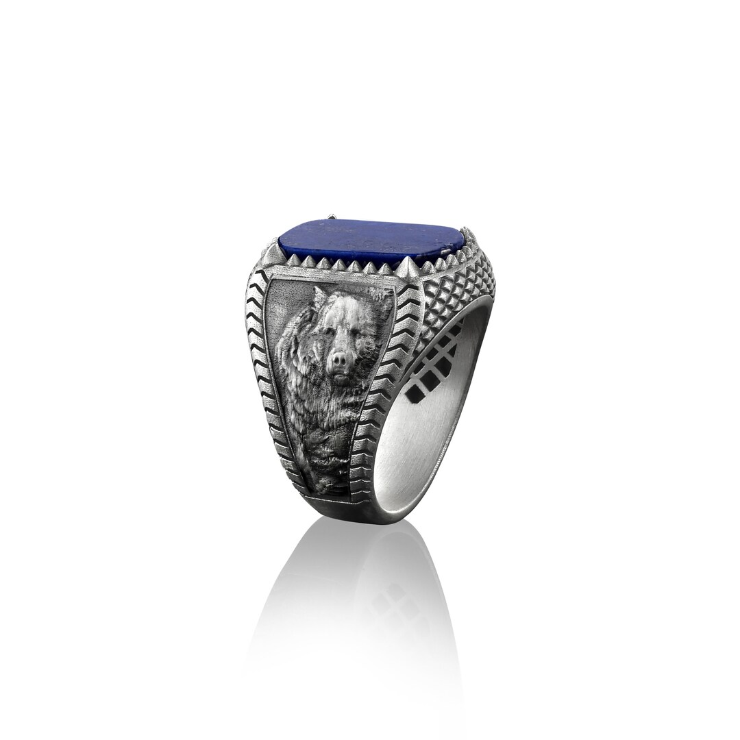 Lapis Lazuli Gemstone Men Ring With Grizzly Bear in Silver, Bear ...