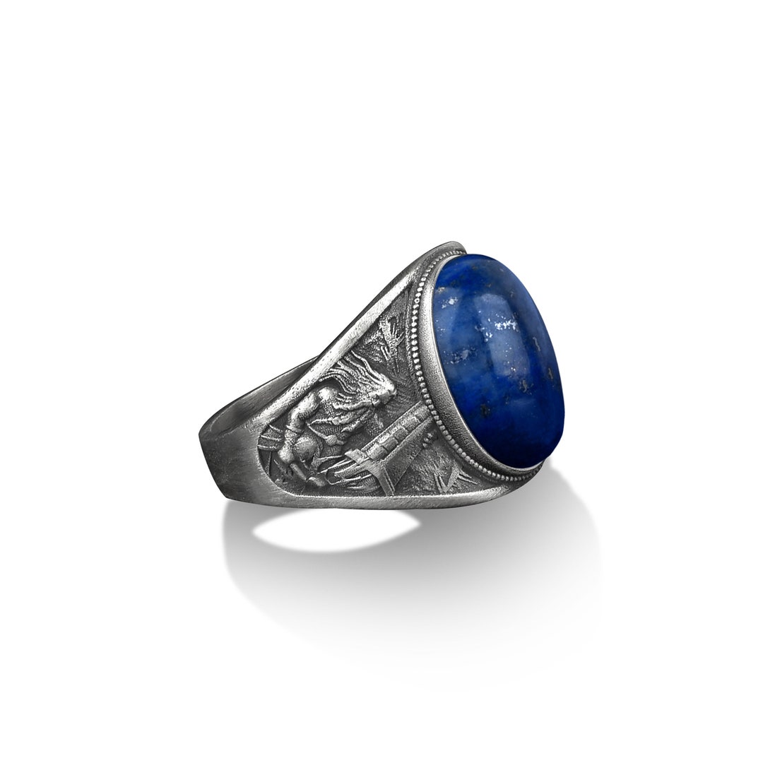 The God of Thunder Thor Signet Ring in 925 Sterling Silver, Oval Lapis ...