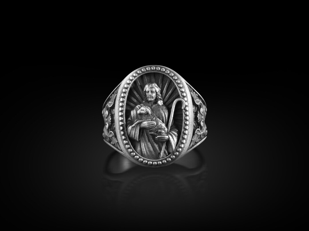 Jesus Christ Holding Lamb Men Ring, Shepherd Jesus With Lamb, Men ...