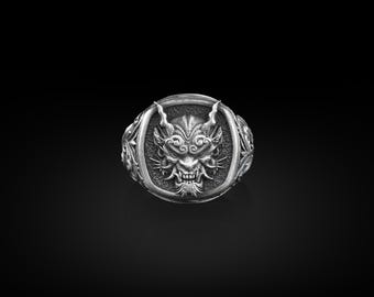 Japanese Oni Mask Dragon Ring, Japanese Mythology Jewelry, Sterling ...