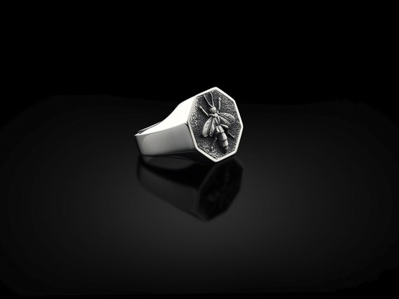 925 Silver Wild Bee Signet Men's Ring Handmade Winged Bee | Etsy