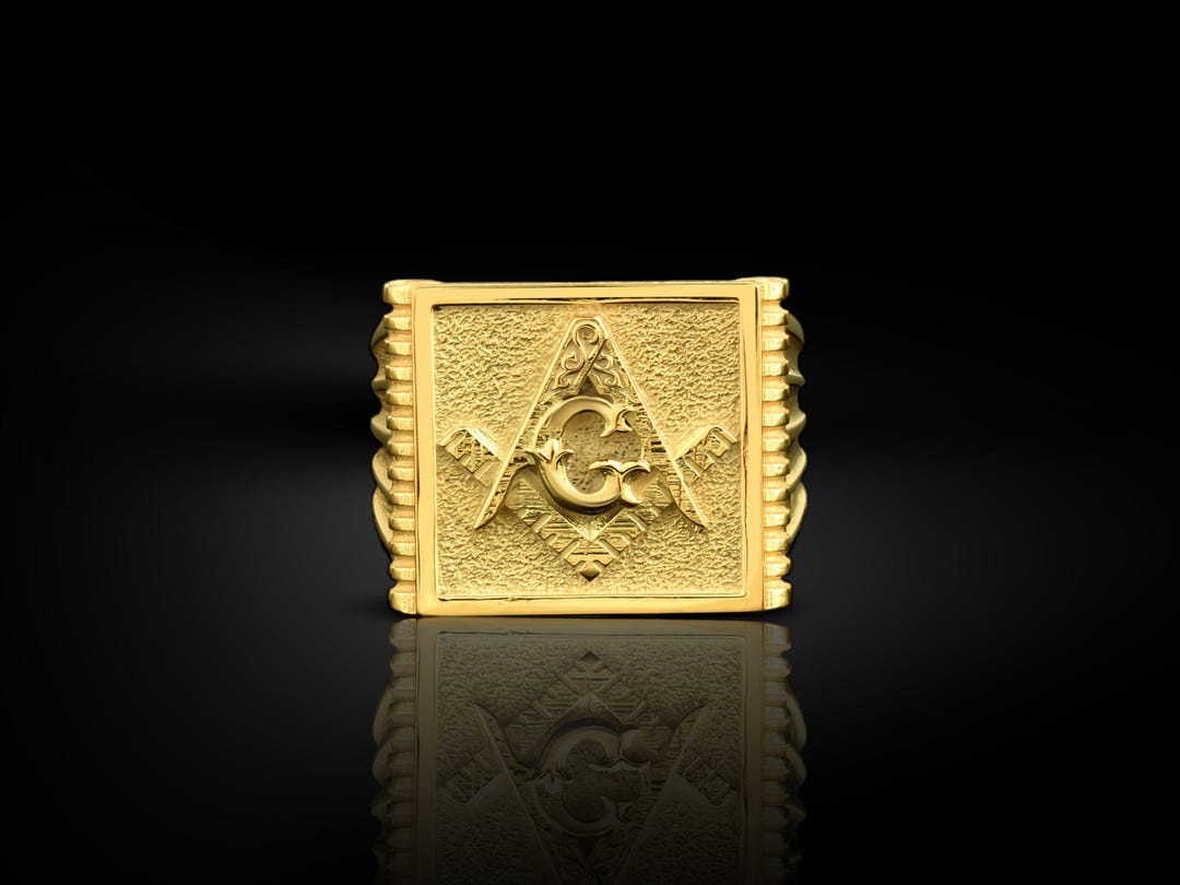 14k Gold Mason Symbol Men Ring, Square Masonic Signet Ring in 21k Gold ...