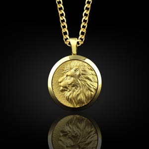 18k Gold Lion Pendant Necklace for Men, Lion Head Medallion, 21k Gold ...