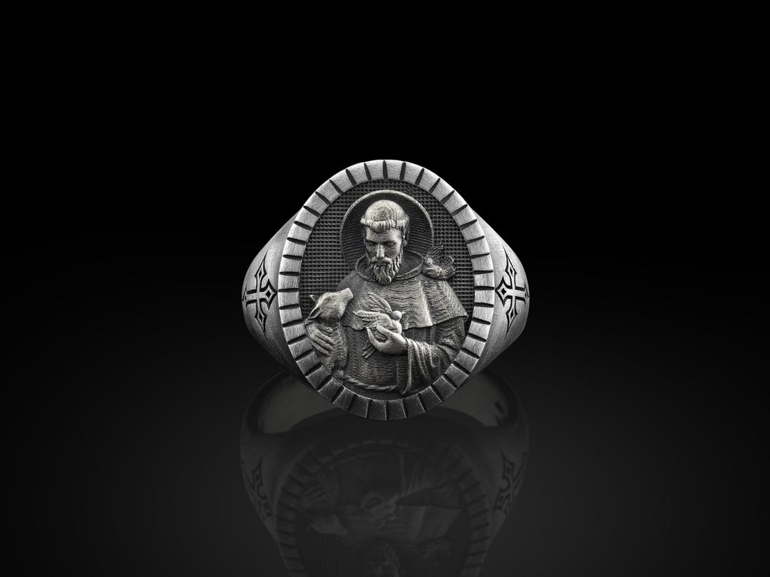 Saint Francis Oxidized Signet Ring for Men, Christian Religious ...