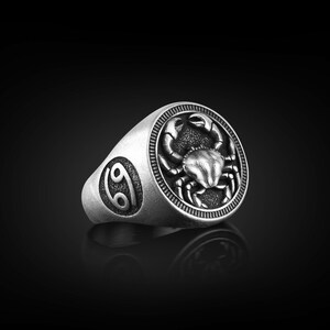 Cancer Zodiac Sign Mens Ring in Silver, Zodiac Pinky Signet Ring in ...