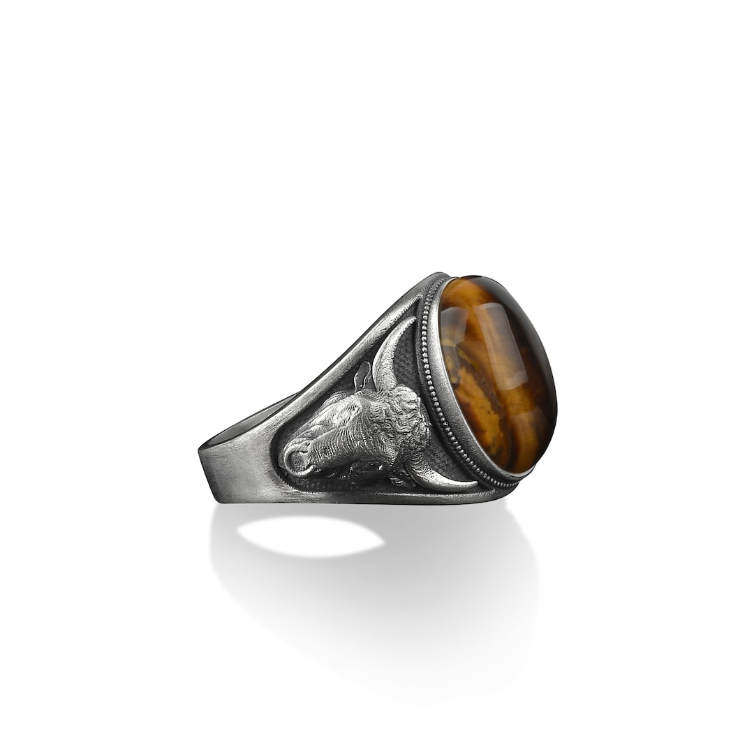 Zodiac Bull Silver Signet Men Rings, Tiger's Eye Gemstone Man Ring With ...