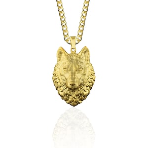 Gold Wolf Necklace, 14K Gold Mens Wolf Pendant With Cuban Chain ...
