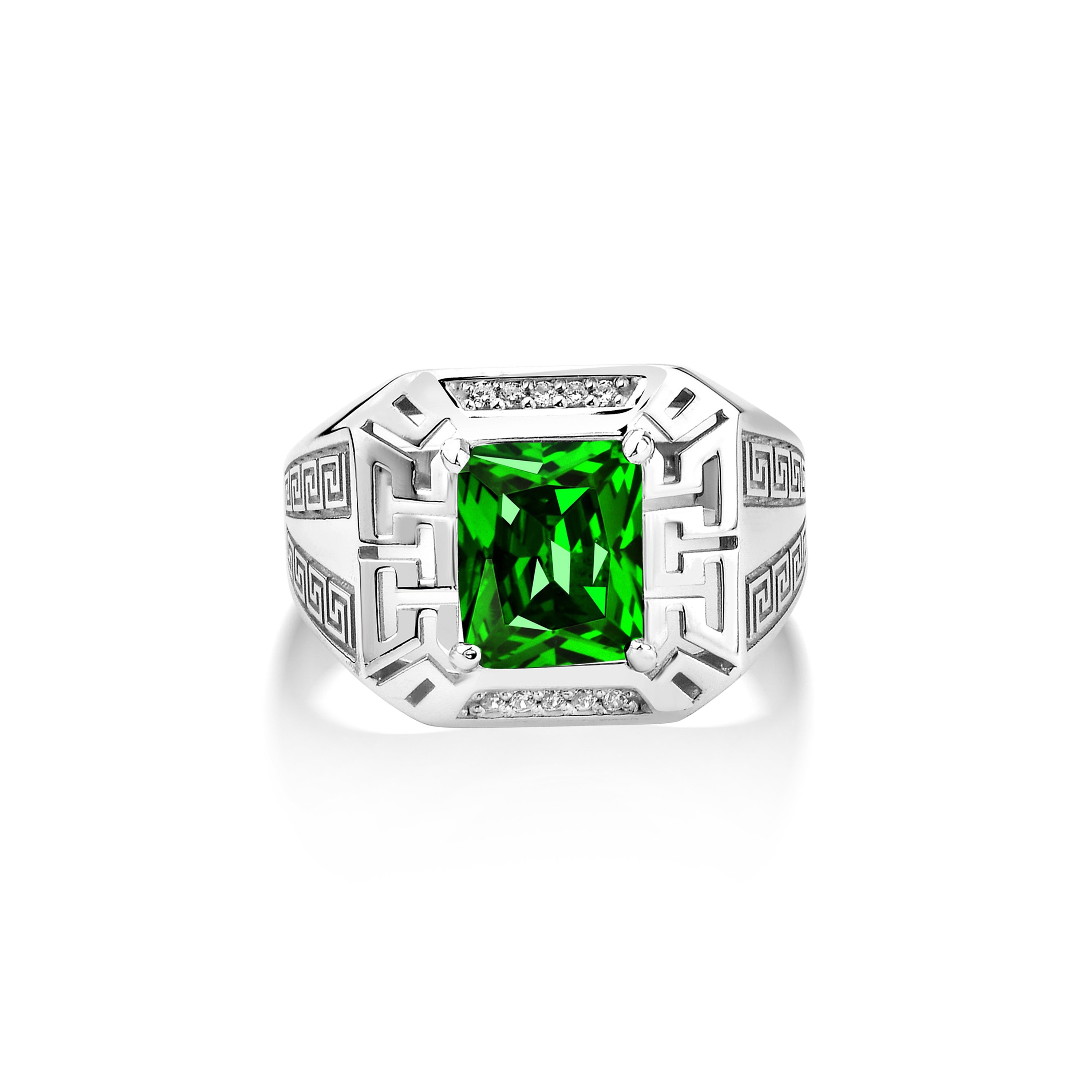 Greek Pattern With Emerald Stone Men Silver Ring, Sterling Silver Green ...