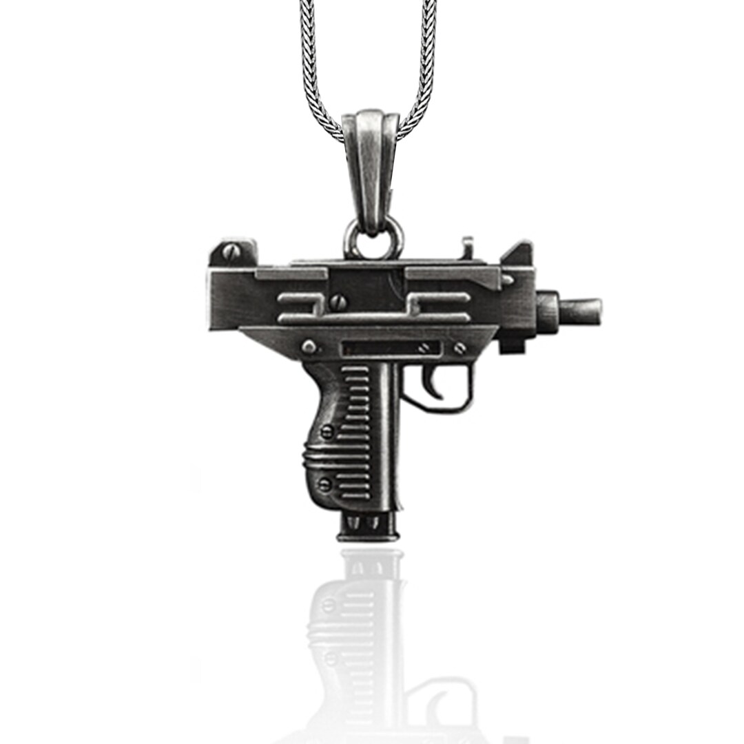 Uzi Gun Necklace for Men in Sterling Silver, Mini Uzi Silver Men Charm ...