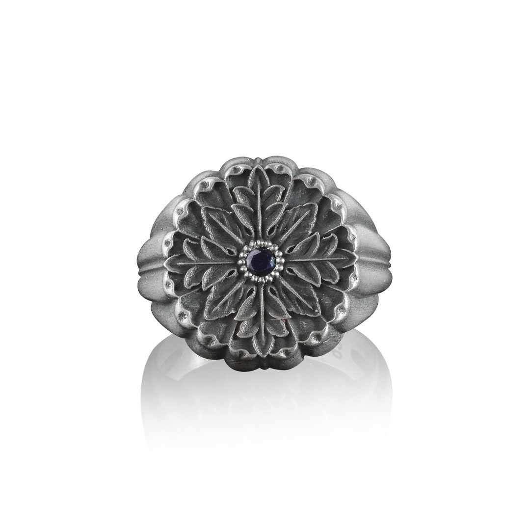 Boho Floral Signet Ring With Gemstone, Sterling Silver Boho Leaves ...