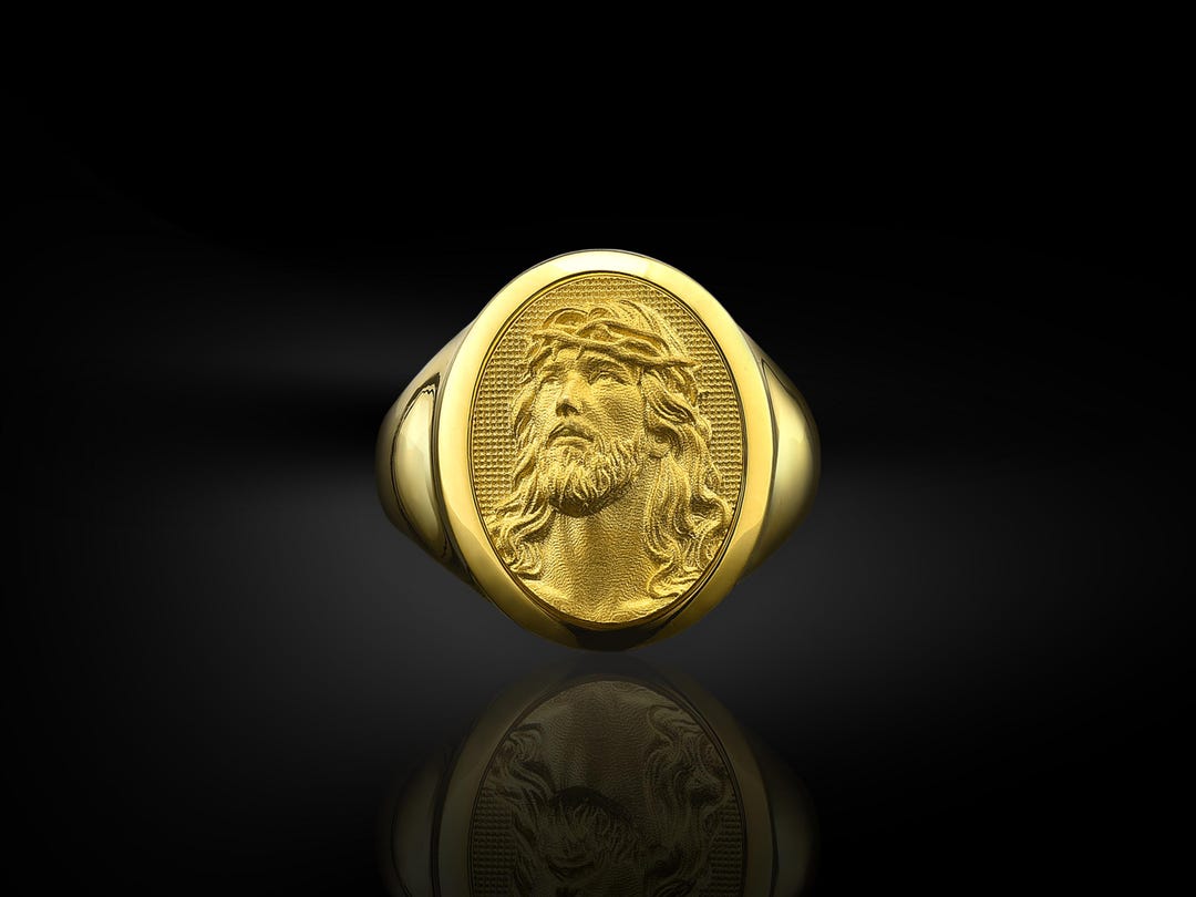 Crown of Thorns Jesus Christ Ring in 14k Gold, Jesus Head Mens Signet ...