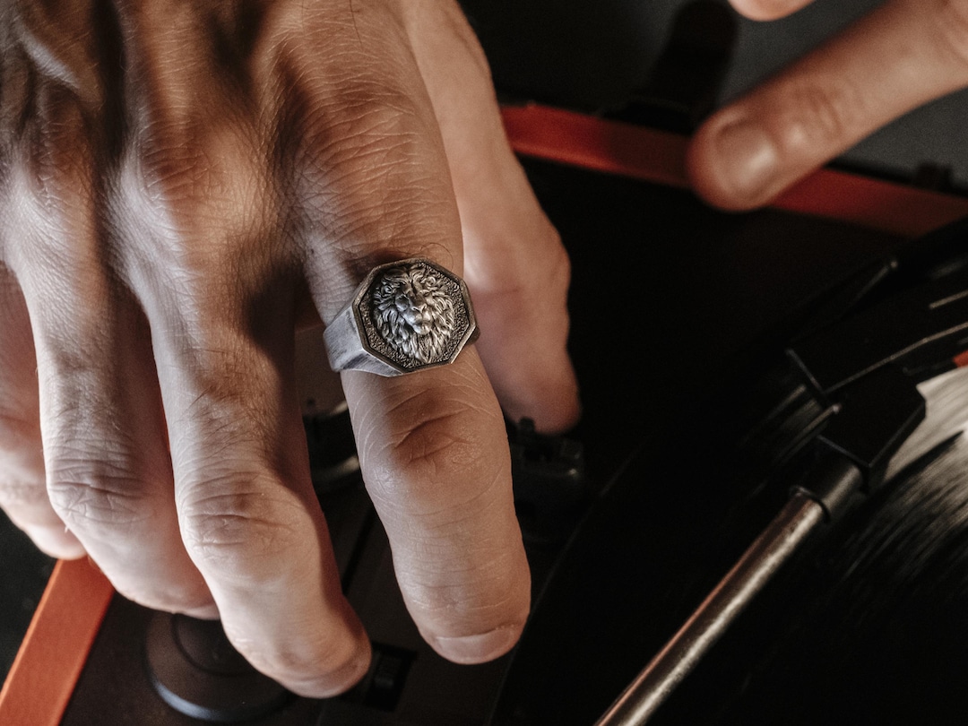 Zodiac Leo Signet Pinky Ring for Men in Sterling Silver, Handmade Wild ...
