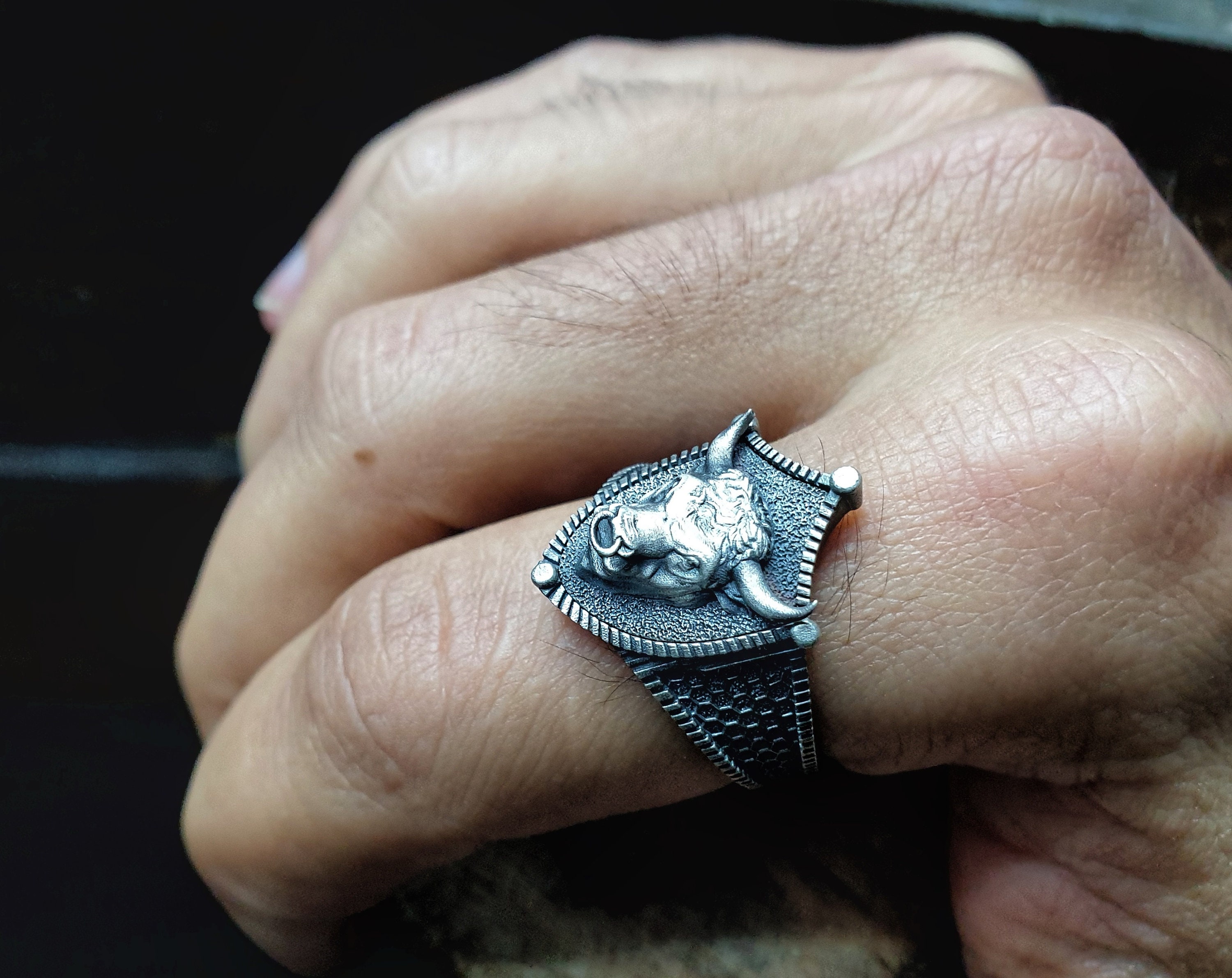 Bull Head Mens Ring Silver Bull Ring Silver Shield Mens | Etsy