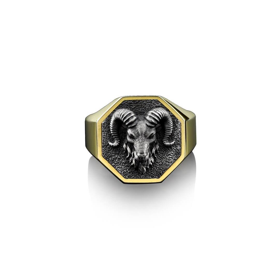 Ram Head Signet Silver Men's Ring, 925 Silver Aries Ram Men Ring, Gold ...