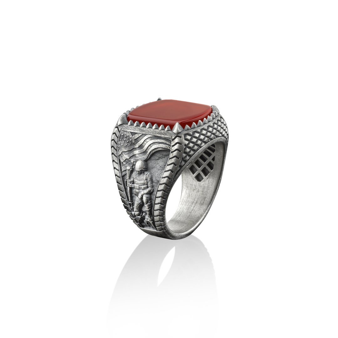 American Soldier With Carnelian Gemstone Men Ring, American Flag Unique ...
