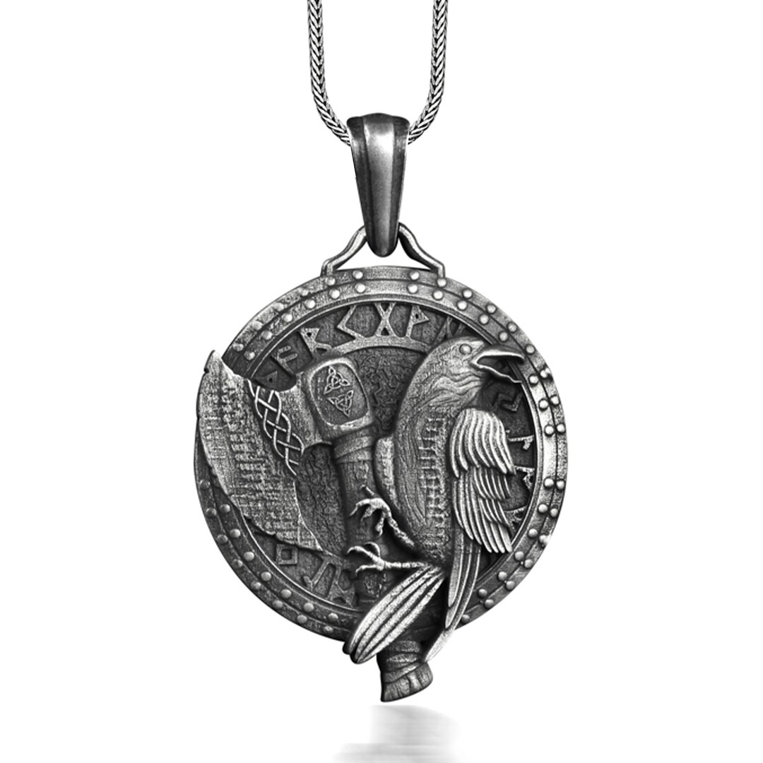 Viking Medallion Necklace With Raven and Axe Silver Norse - Etsy