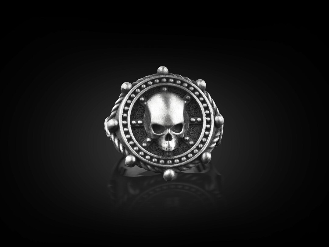 Skull Engraved Signet Ring for Men, Gothic Mens Signet Ring in Sterling ...